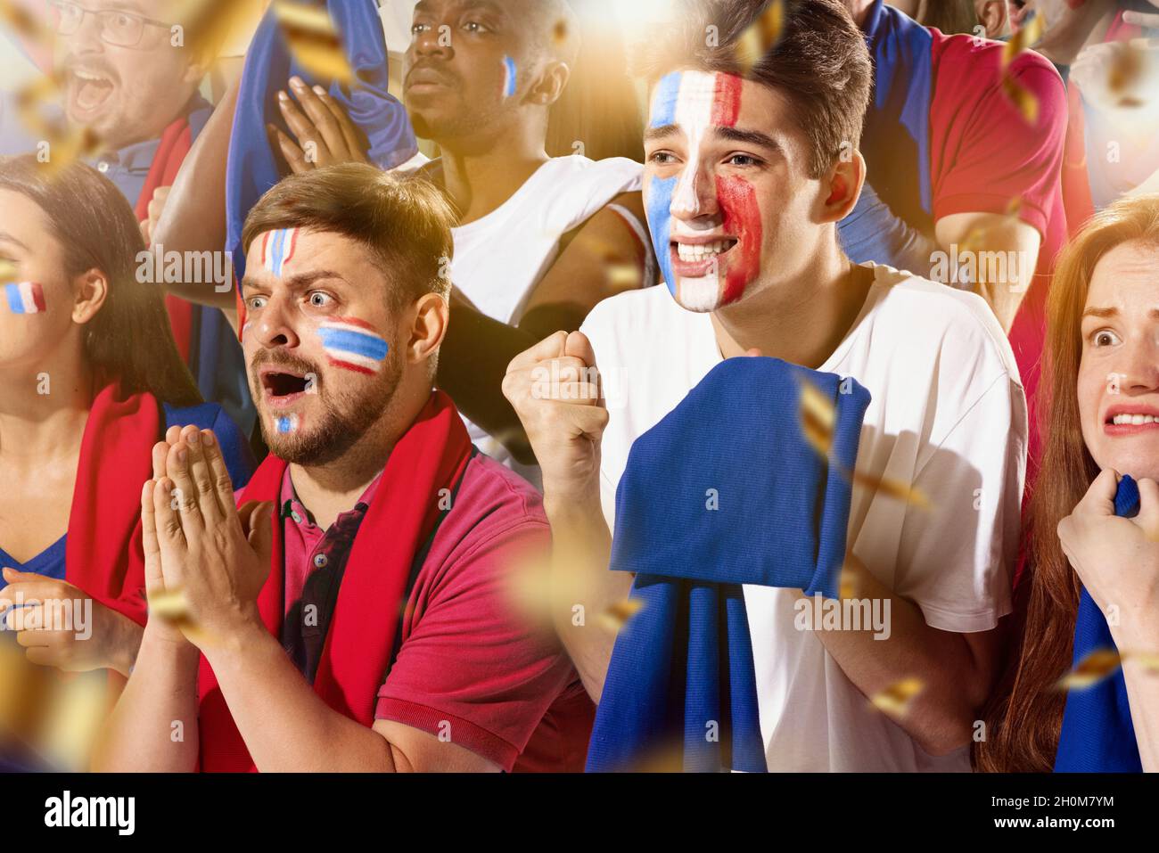 Collage of excited football, soccer fans cheering their team with blue ...