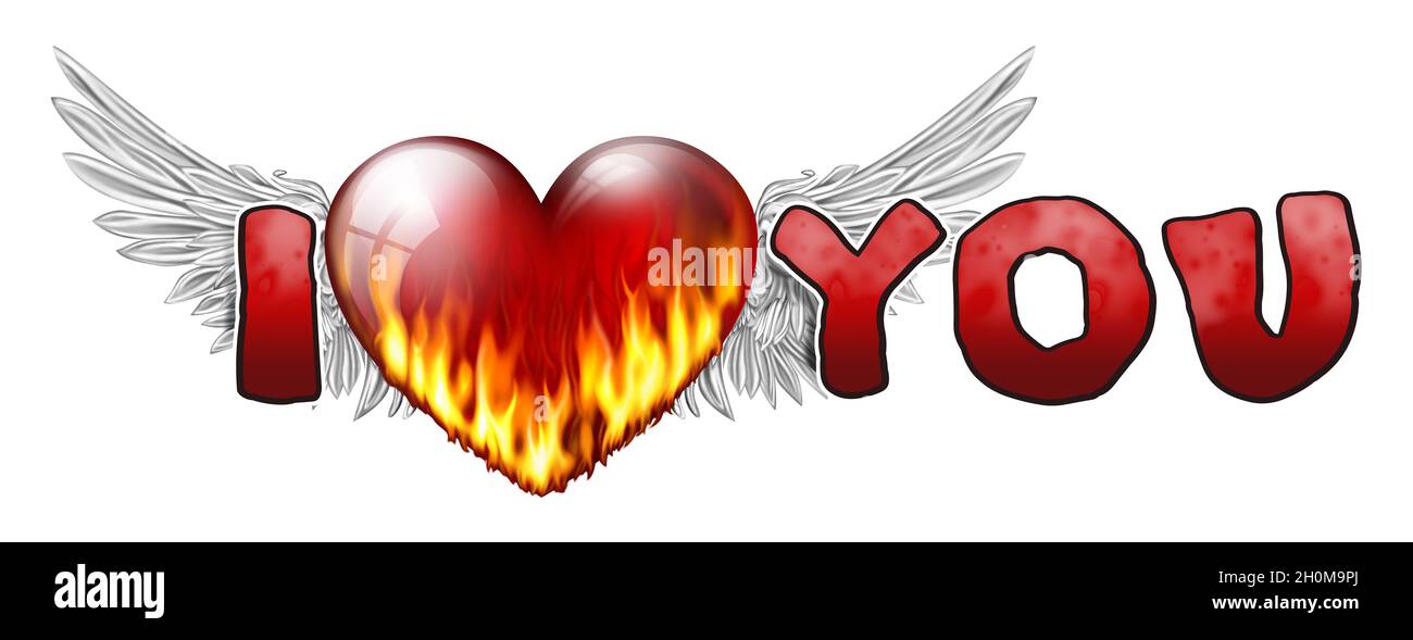 Romantic red hart with wings, burning Stock Photo - Alamy