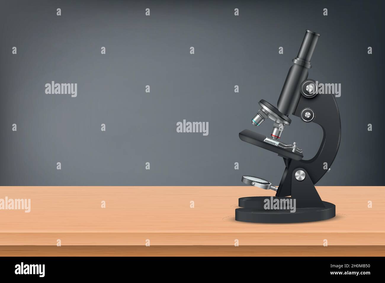 Vector 3d Realistic Black Laboratory Microscope on the Wooden Table ...