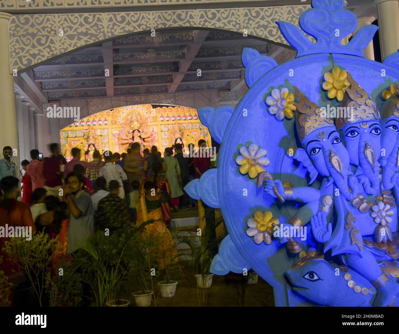 Agartala, Tripura, India. 13-10-2021. People visit a makeshift place of ...