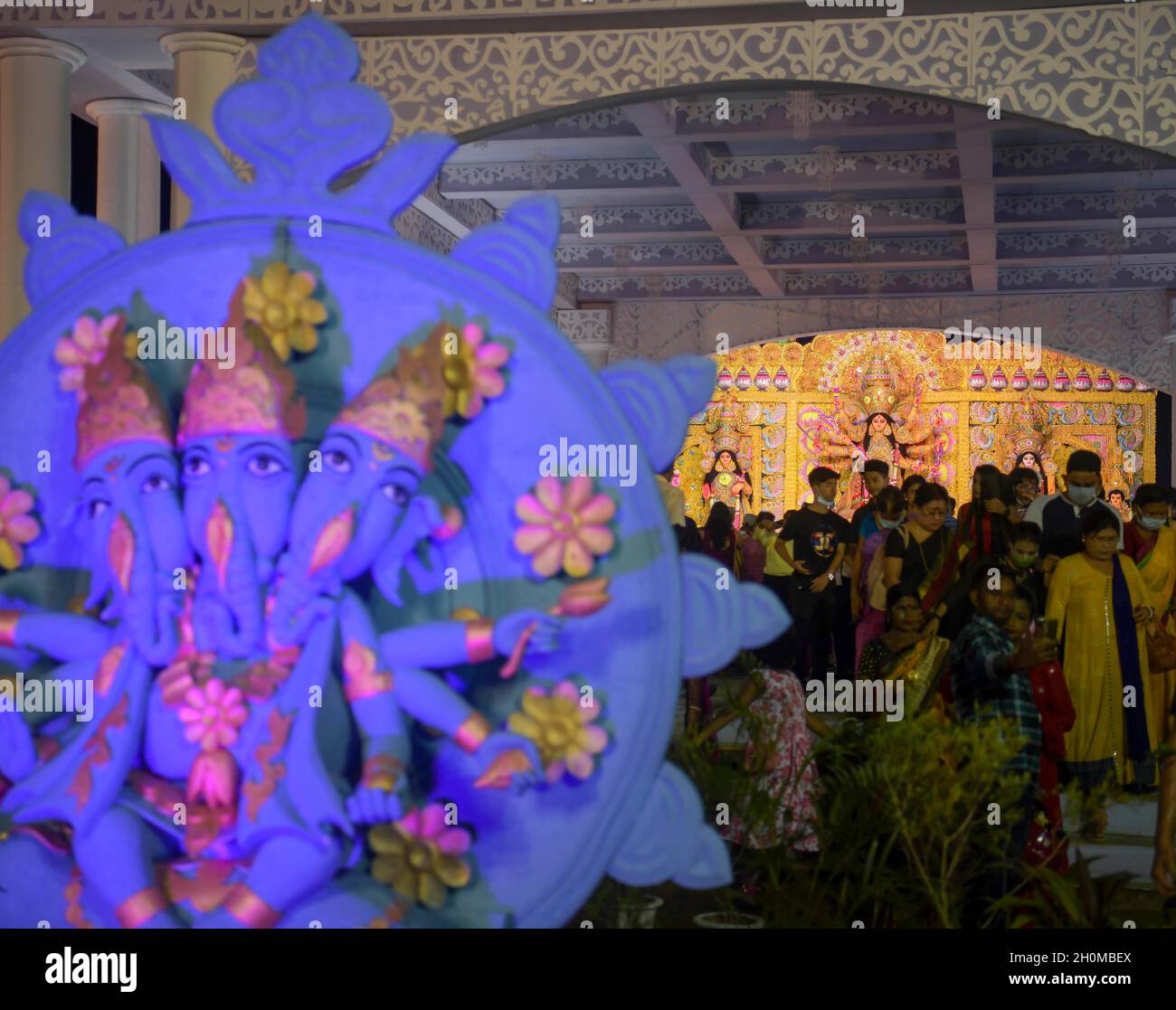 Agartala, Tripura, India. 13-10-2021. People visit a makeshift place of ...