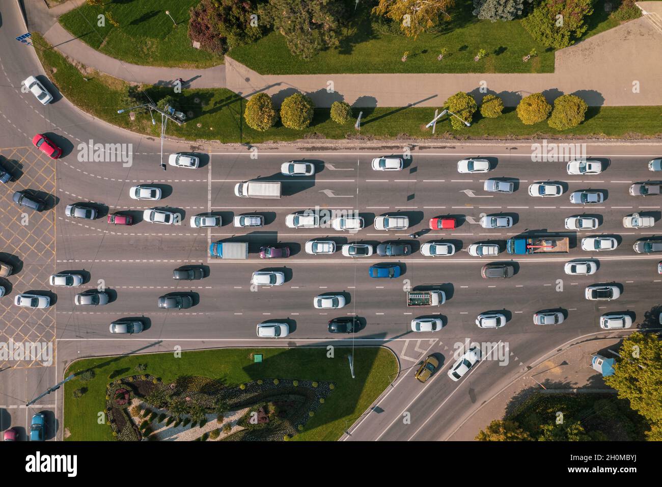 Drones point of view - traffic jam top view, transportation concept ...