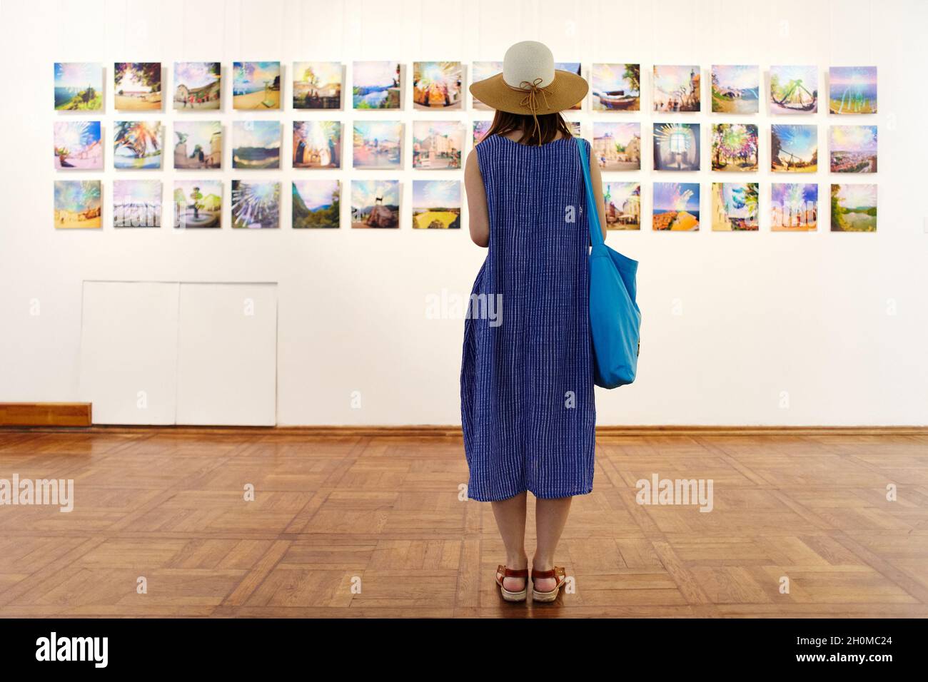 Lady looking at an art exhibition in art gallery. Back view of a woman ...