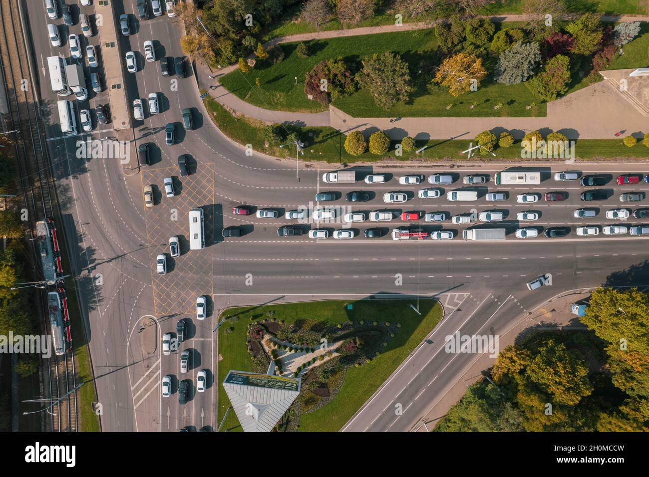Drones point of view - traffic jam top view, transportation concept ...