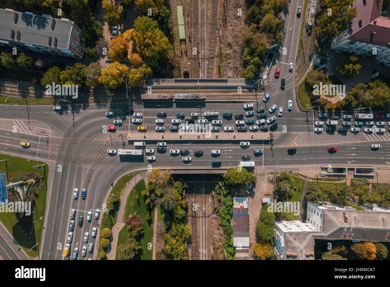 Drones point of view - traffic jam top view, transportation concept ...