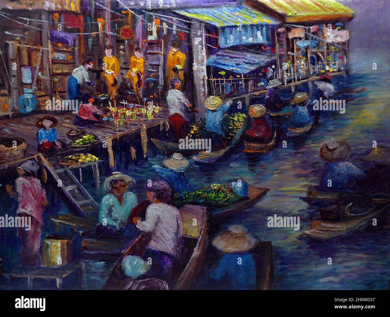 Art painting Oil color Floating market Thailand , countryside Stock ...