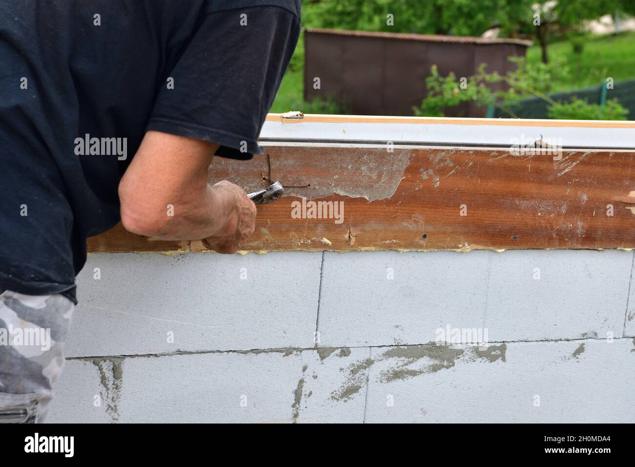Formwork concreting walls at construction site with wooden and iron rod ...