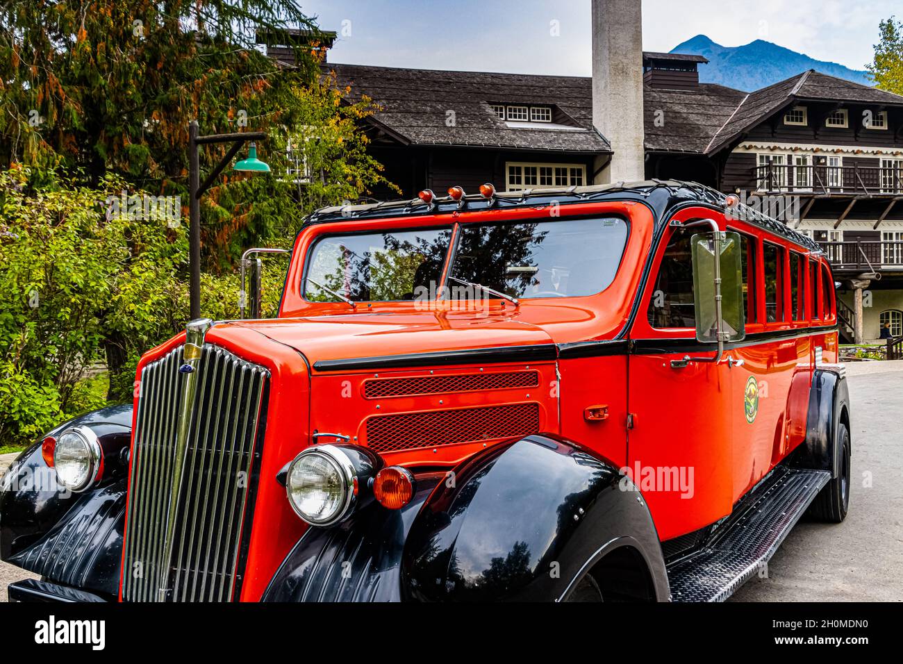 Historic Red Bus at Lake McDonald Lodge, Glacier National Park, Montana ...
