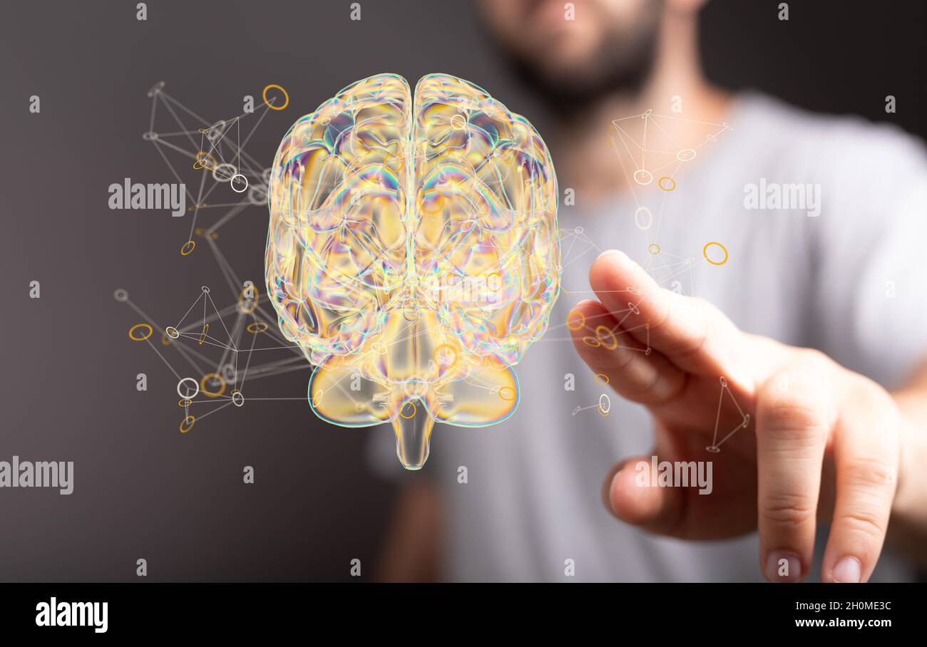 3D rendering of a man pointing at a floating digital human brain - Artificial intelligence ...