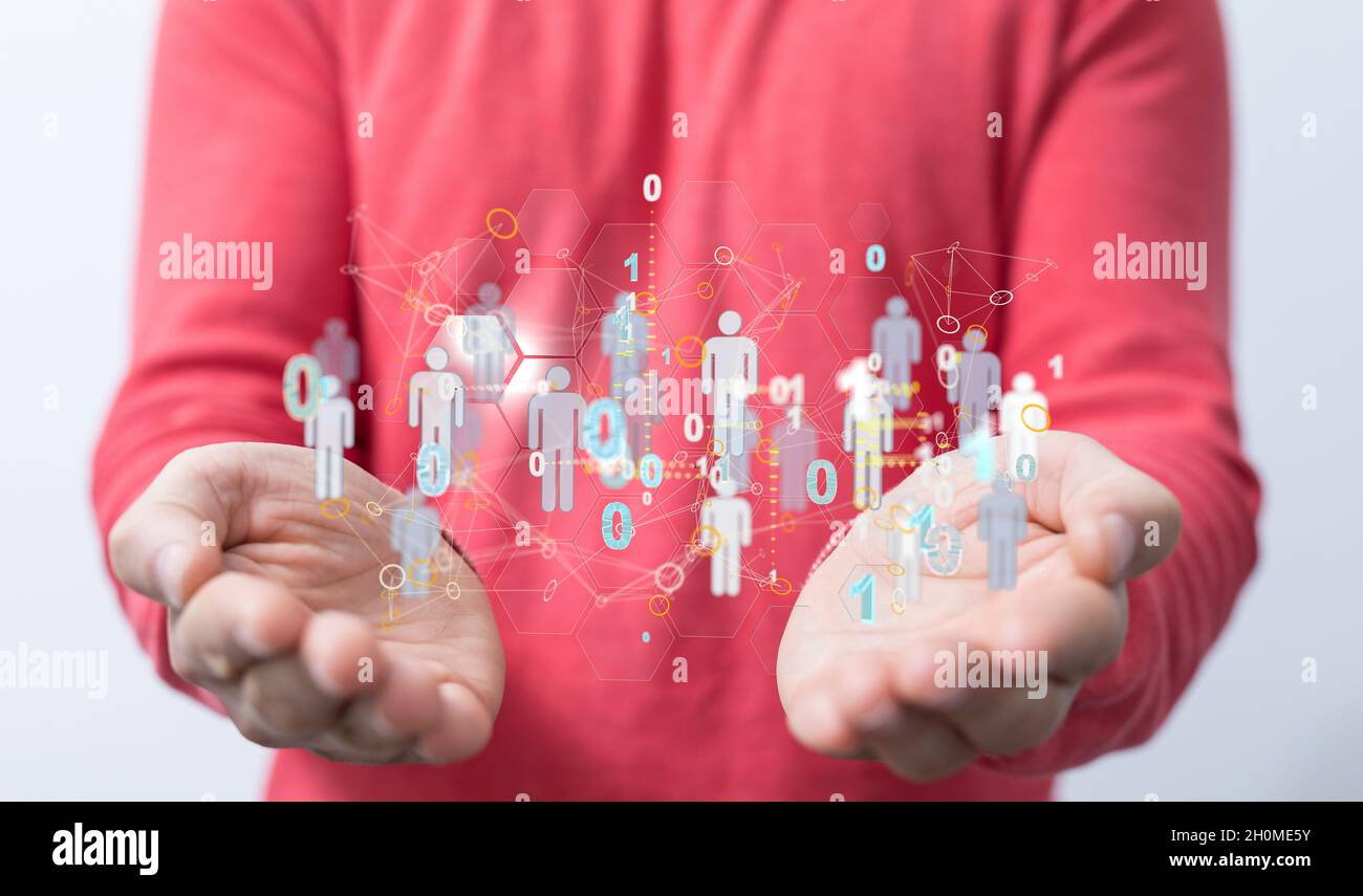 Hand touching 2d icons Stock Photo - Alamy