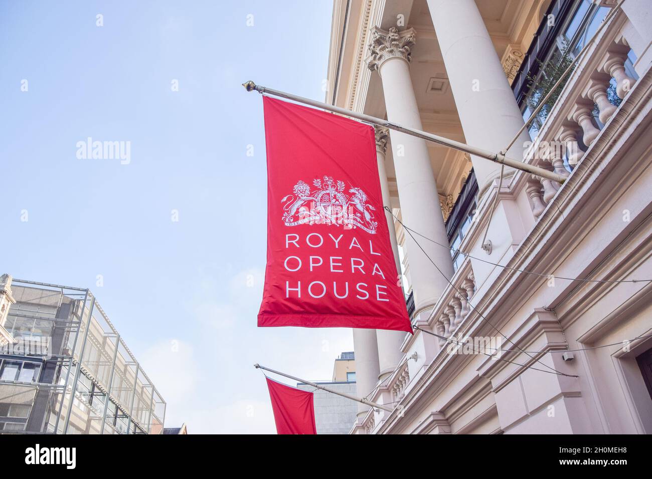 Entrance flag at the Royal Opera House in Covent Garden, London. Credit ...
