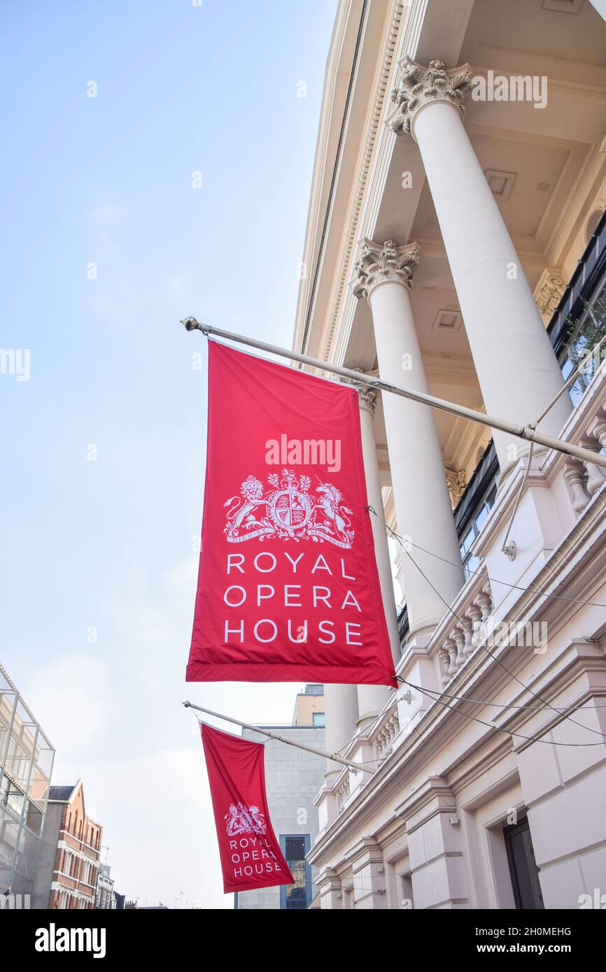 Entrance flag at the Royal Opera House in Covent Garden, London. Credit ...
