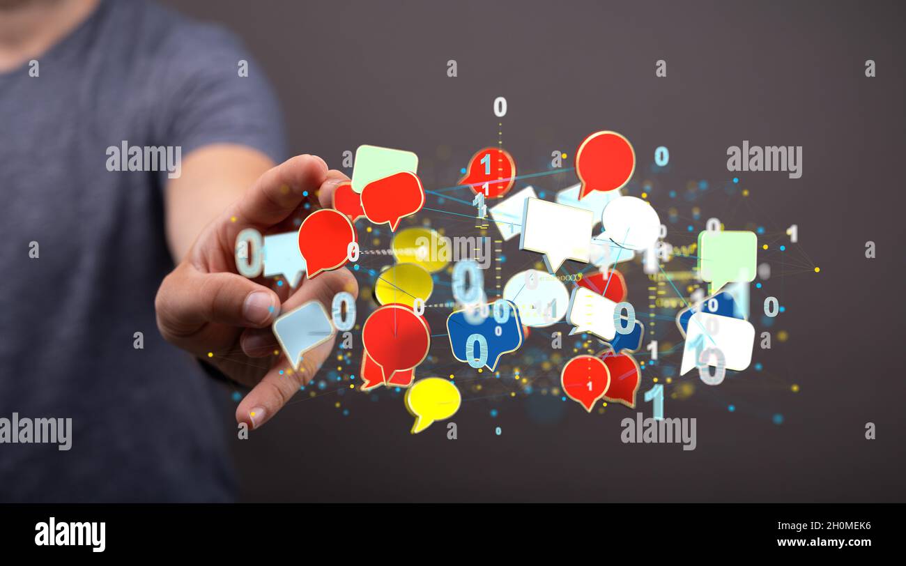 3D rendering of a man pointing at floating message icons - Concept of ...