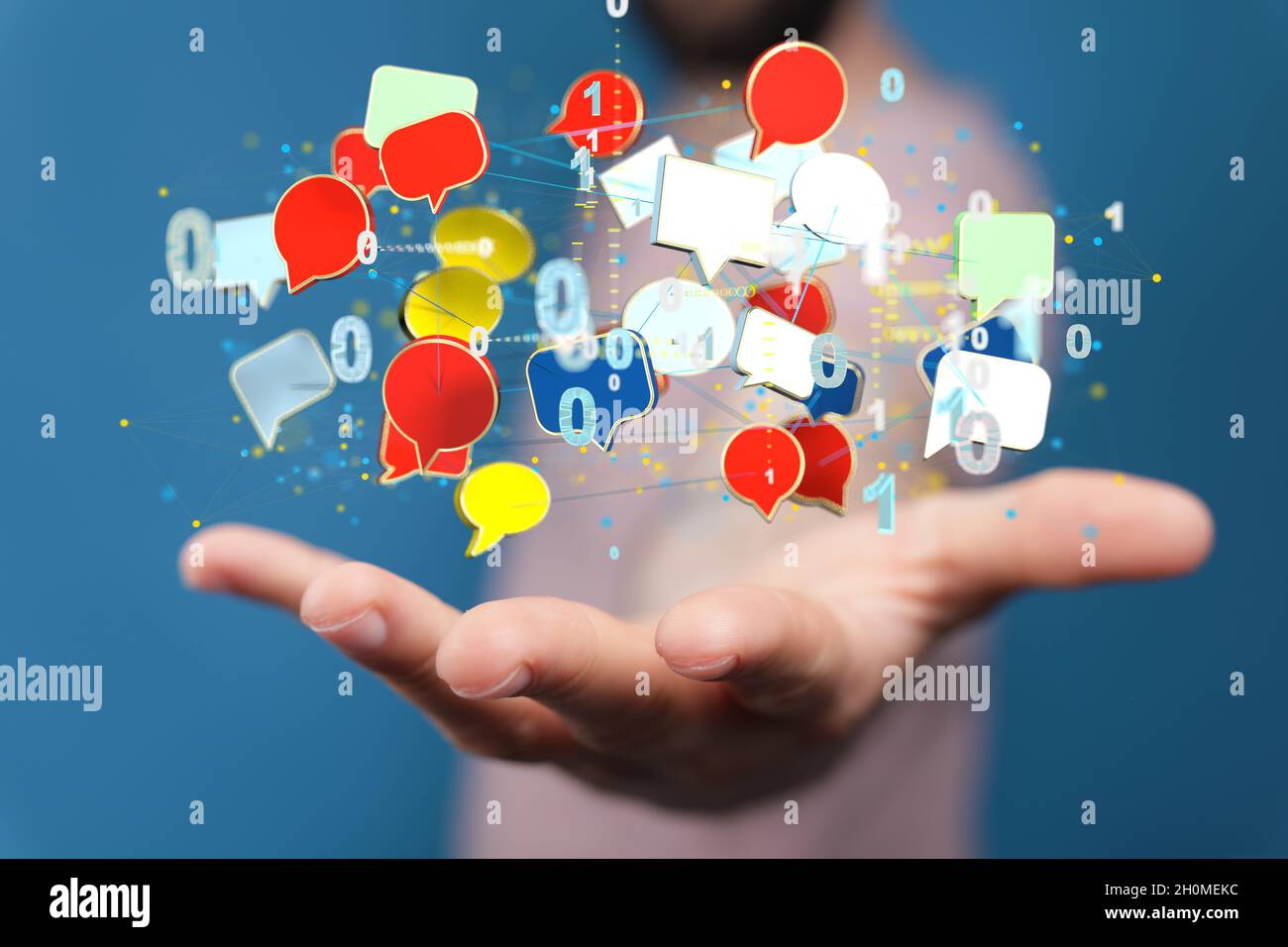 3D rendering of a man pointing at floating message icons - Concept of ...