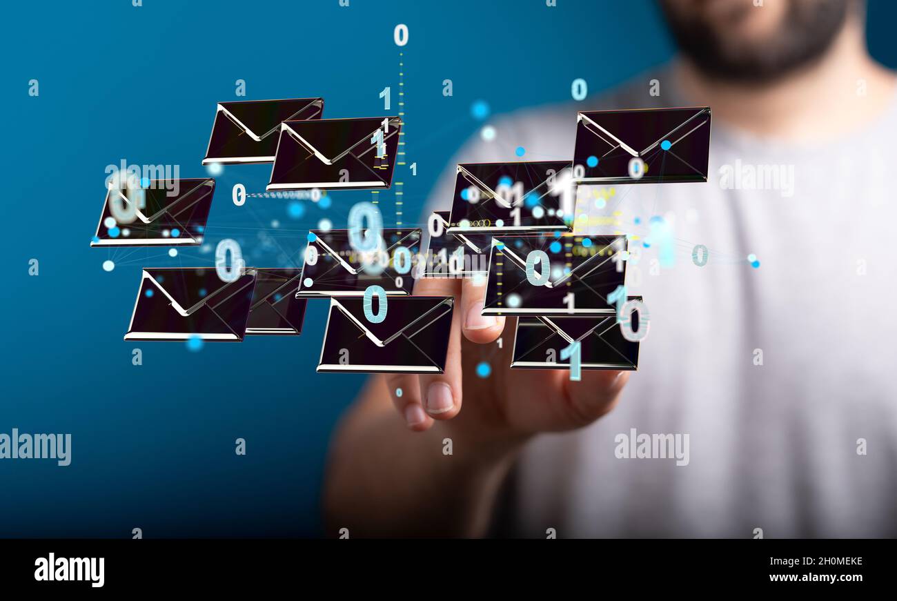 3D rendering of a man pointing at floating email icons - Concept of ...