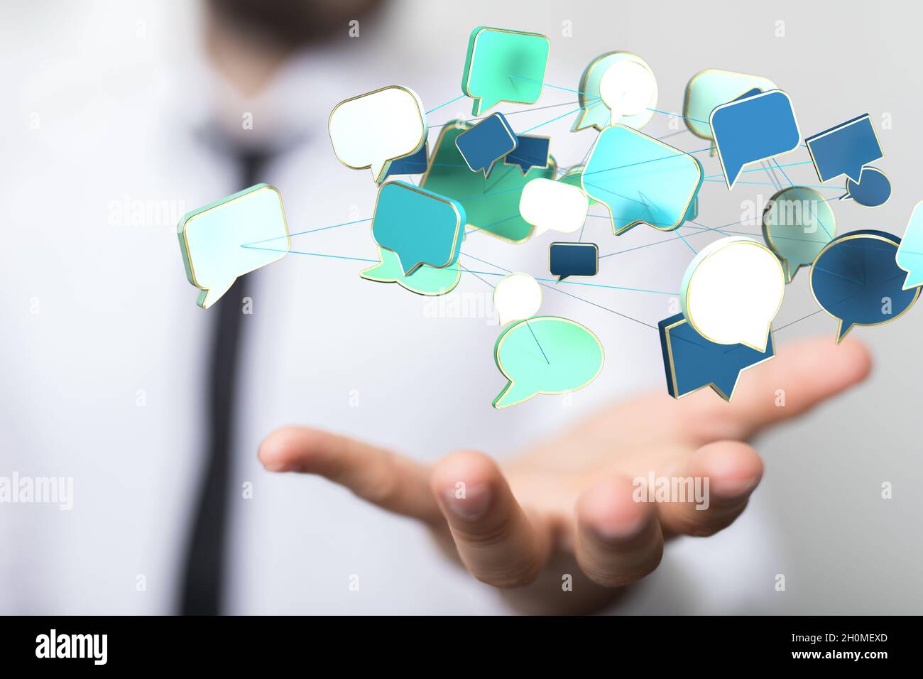 3D rendering of floating message icons on a businessman's hand ...