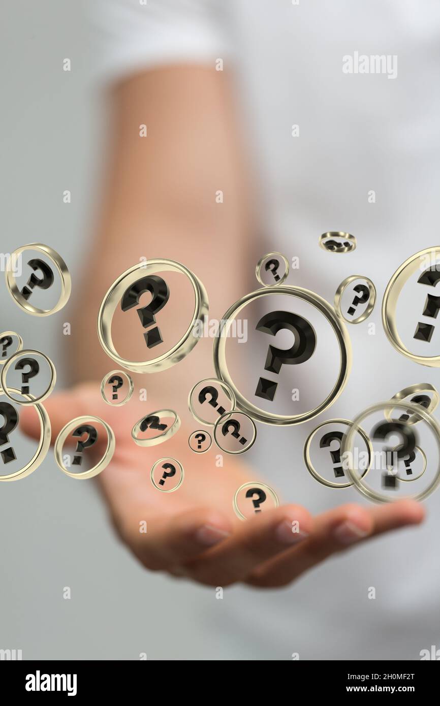 3D rendering of black question marks floating on a man's hand Stock ...
