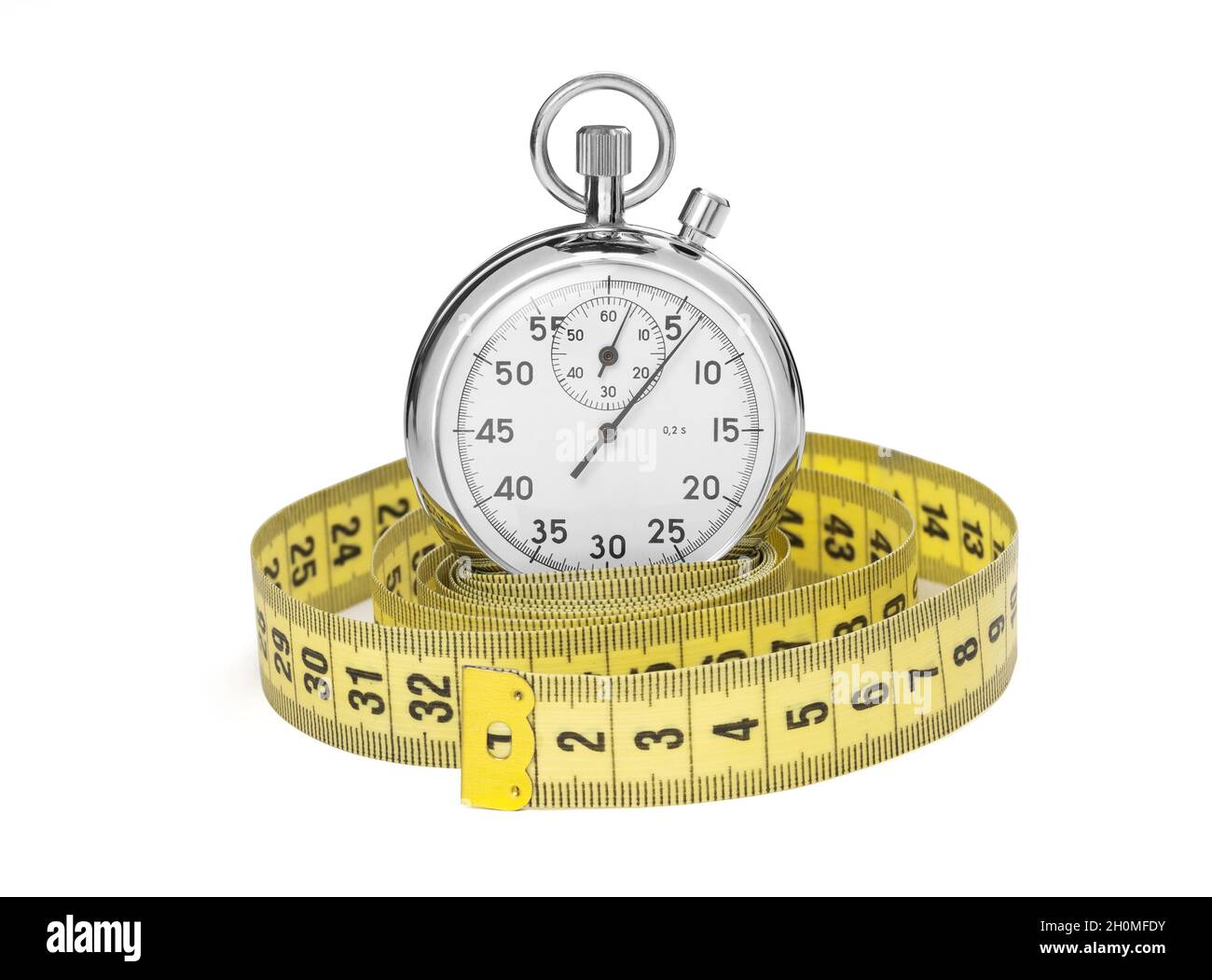 Stopwatch and yellow measuring tape. isolated on white background Stock ...