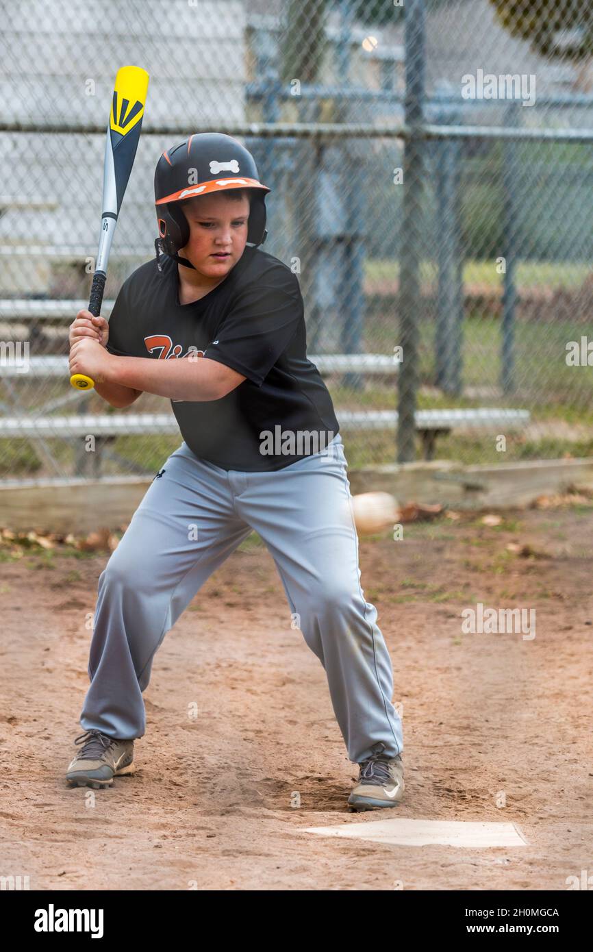Young pre-teen male focusing on the pitched ball while playing baseball ...