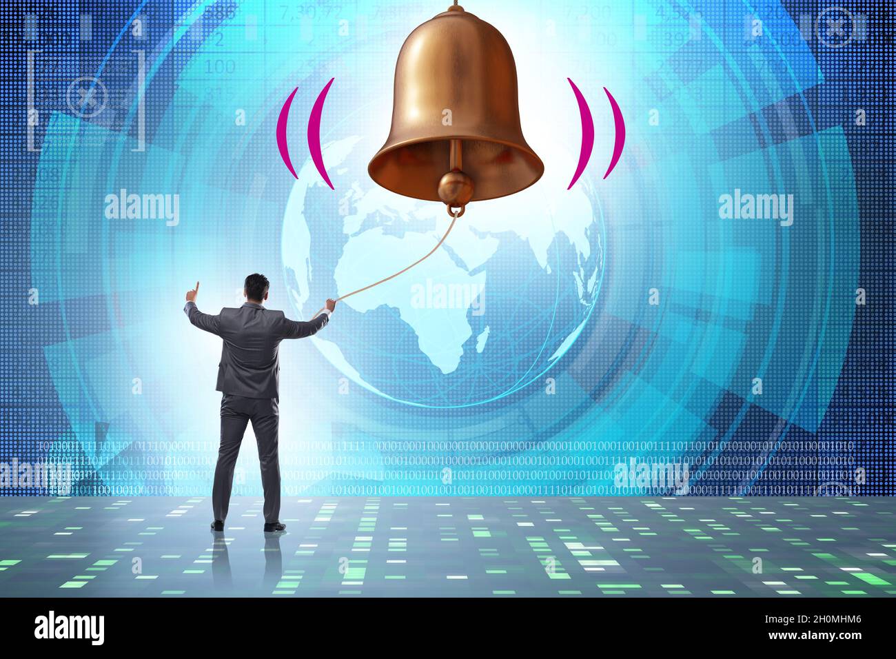 Businessman ringing the bell in case of the danger Stock Photo - Alamy