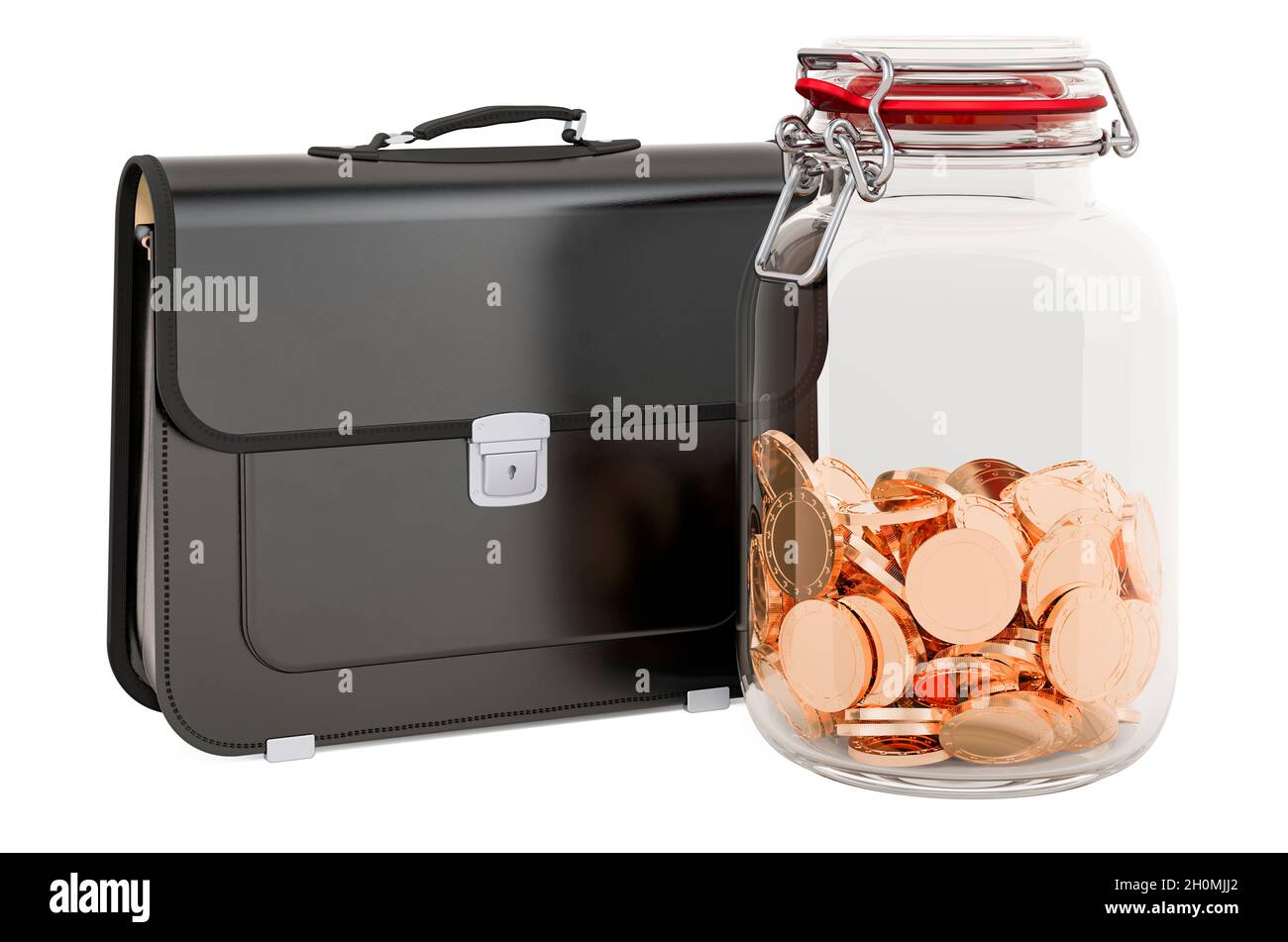 Briefcase with glass jar full of golden coins, 3D rendering isolated on ...