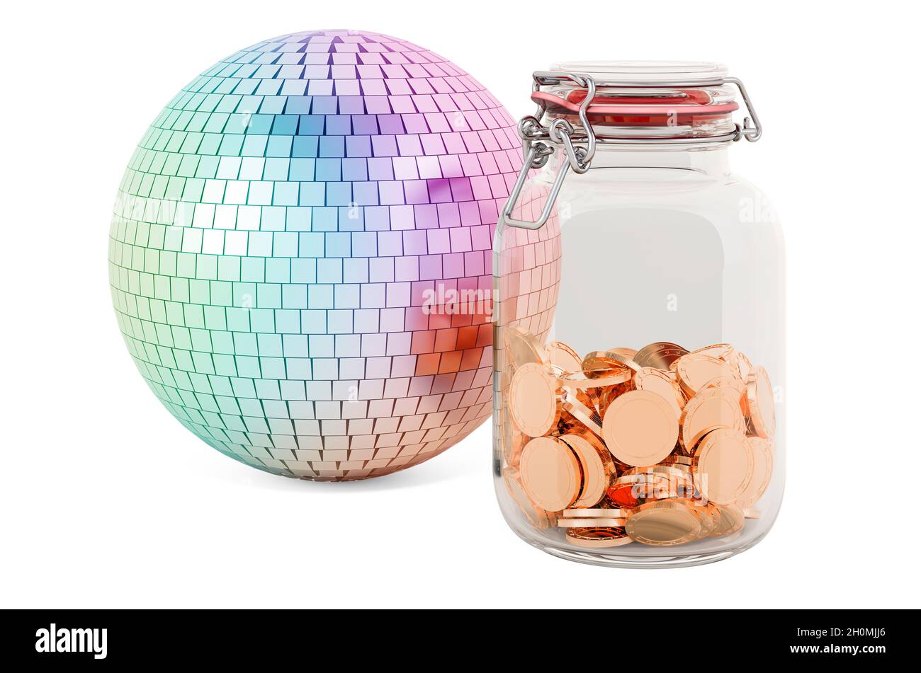 Disco ball with glass jar full of golden coins, 3D rendering isolated ...
