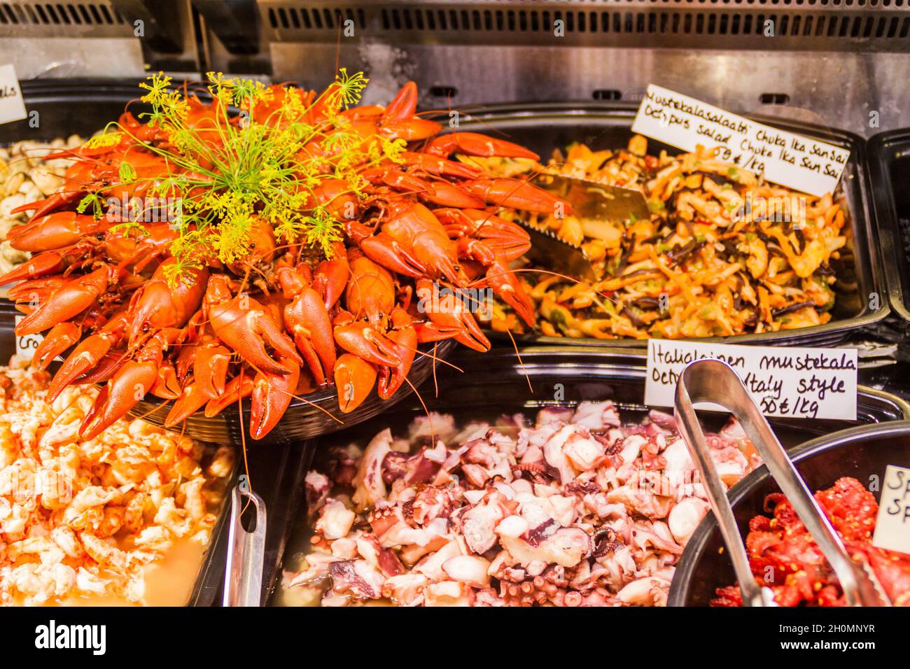 Fresh seafood in Vanha kauppahalli Old Market Hall in Helsinki, Finland ...