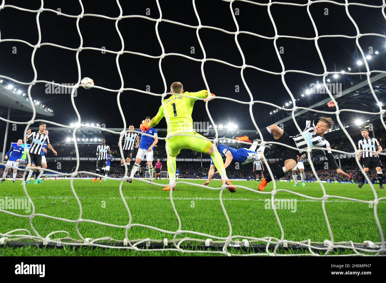 Newcastle United's Dwight Gayle sees his shot on goal saved by Everton ...
