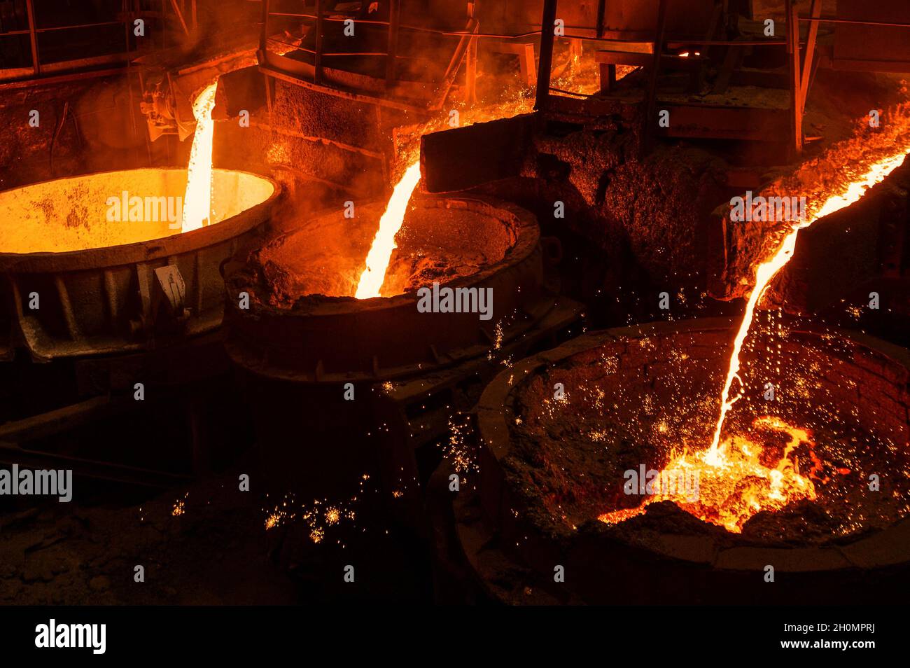 Blast furnace slag and pig iron tapping. Molten metal and slag are ...