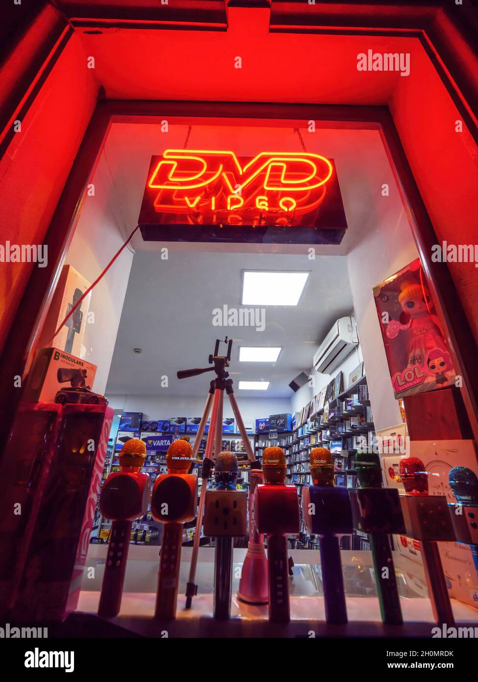 DVD video neon signage on the showcase facade of store in central Baku ...