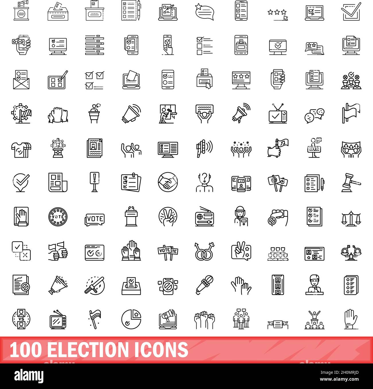 100 election icons set. Outline illustration of 100 election icons ...