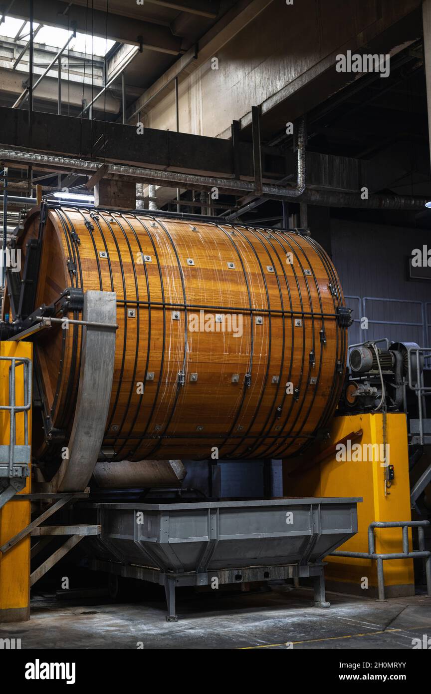 Large wooden barrels for the tanning of cattle leather Stock Photo - Alamy