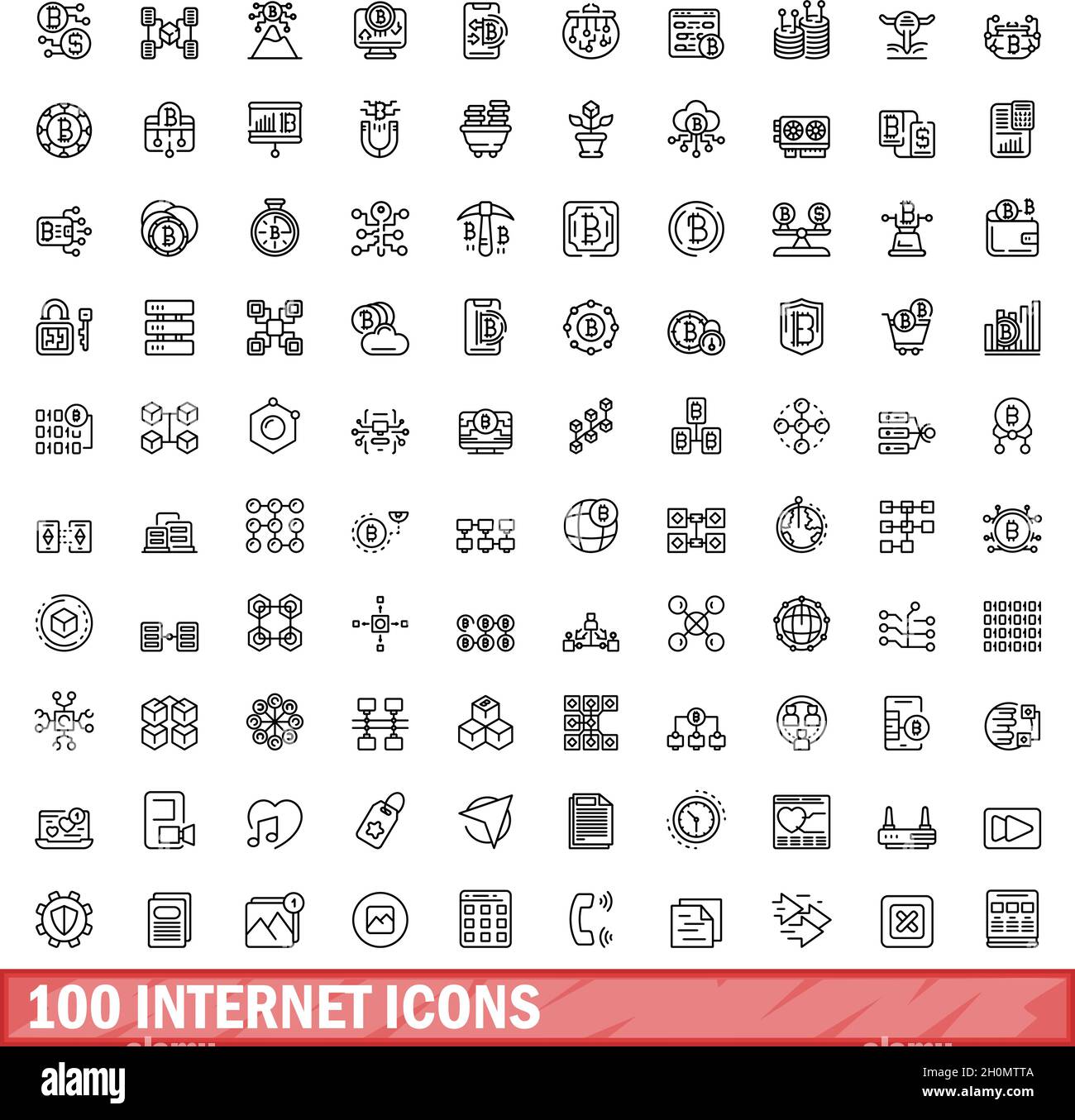 100 internet icons set. Outline illustration of 100 internet icons ...