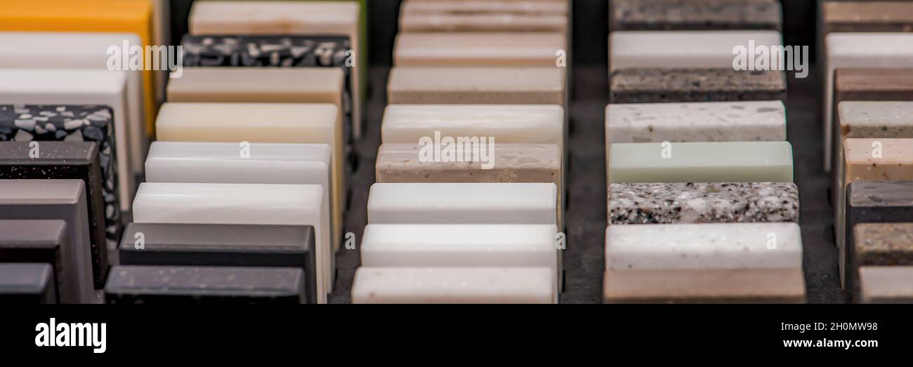 Samples of decorative artificial stone, close-up. Stone samples for ...