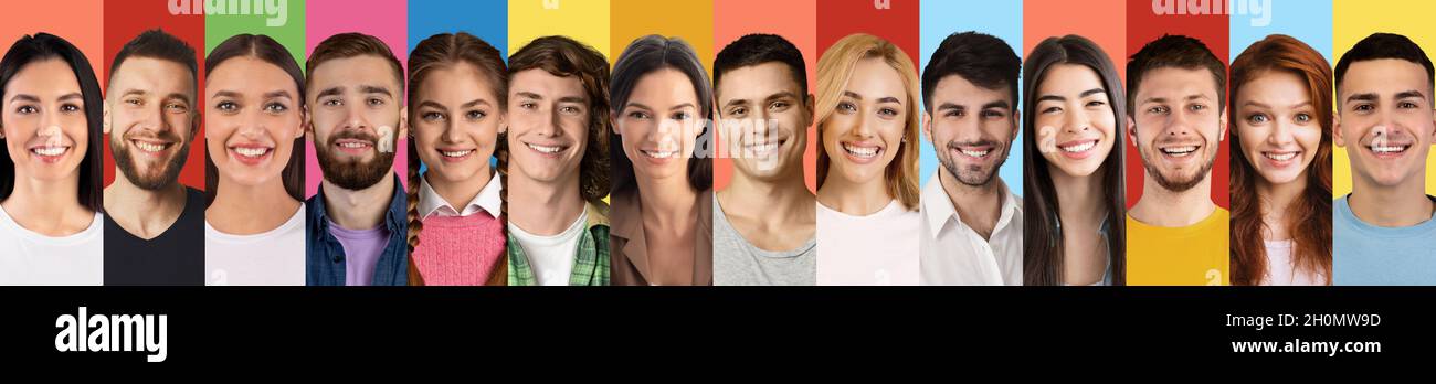 Creative Collage With Multiple Happy Human Portraits Over Colorful ...