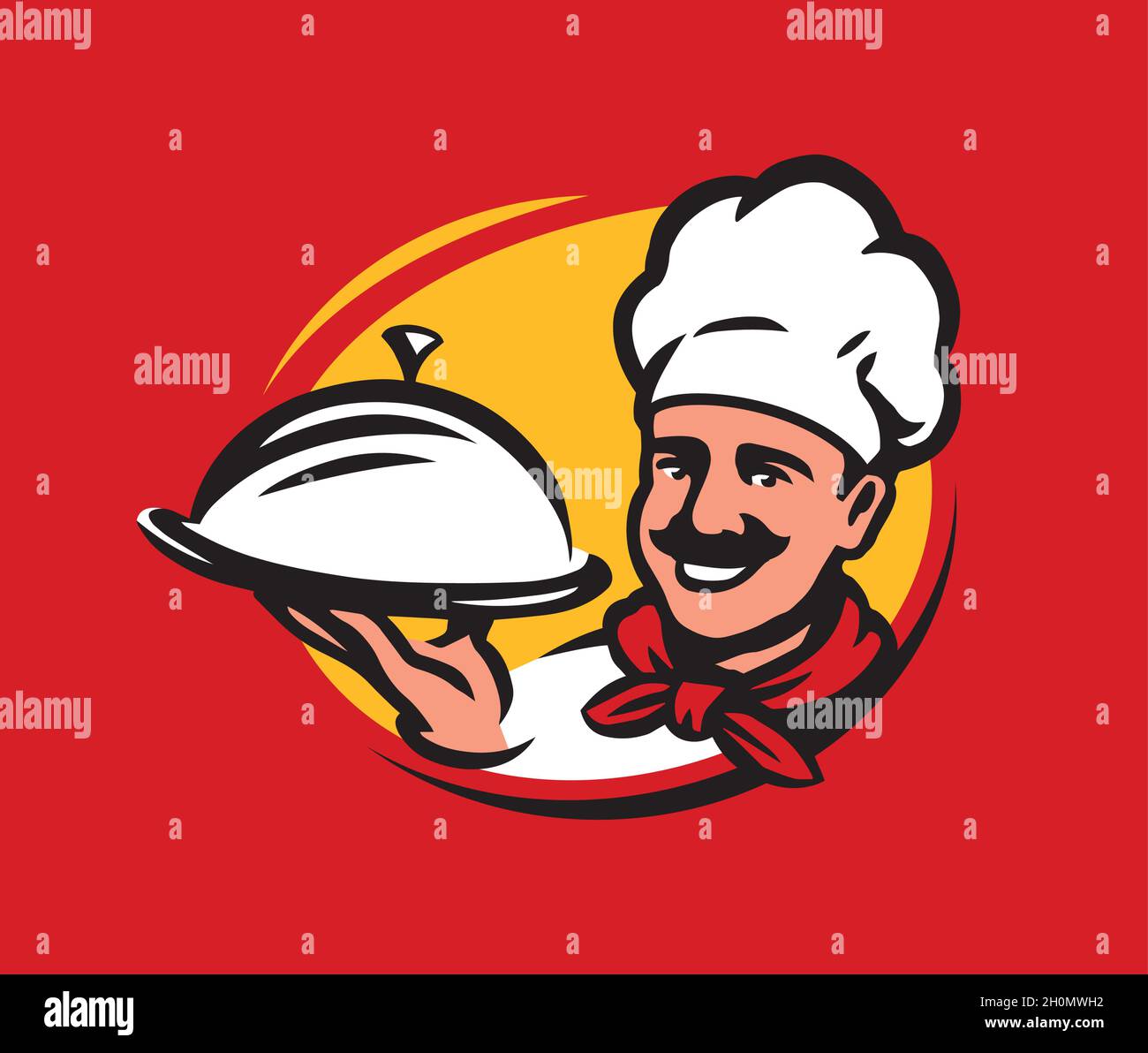 Illustration of a cartoon chef holding platter dome. Cooking food ...