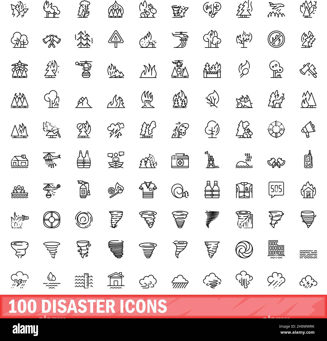 100 disaster icons set. Outline illustration of 100 disaster icons ...