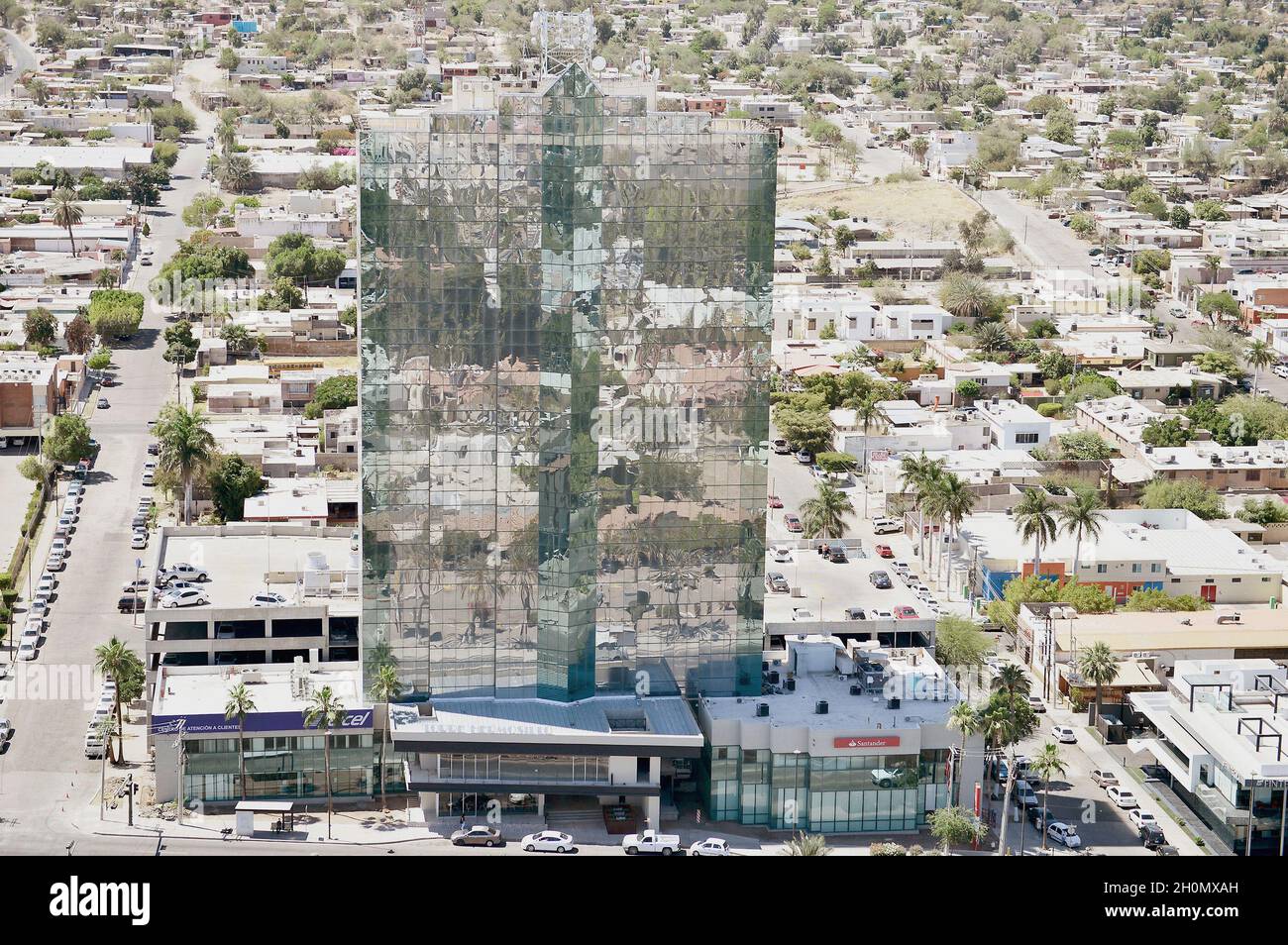 Glass building Torre de Hermosillo. Aerial view of the city Hermosillo ...