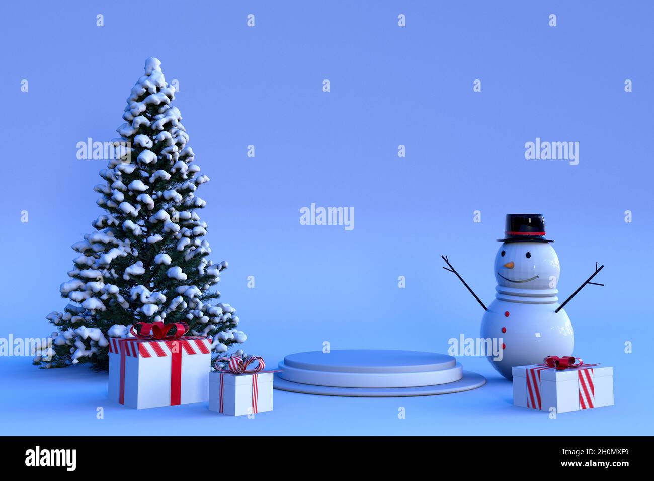 3D winter scene with round podium, candy arch, snow covered Christmas ...