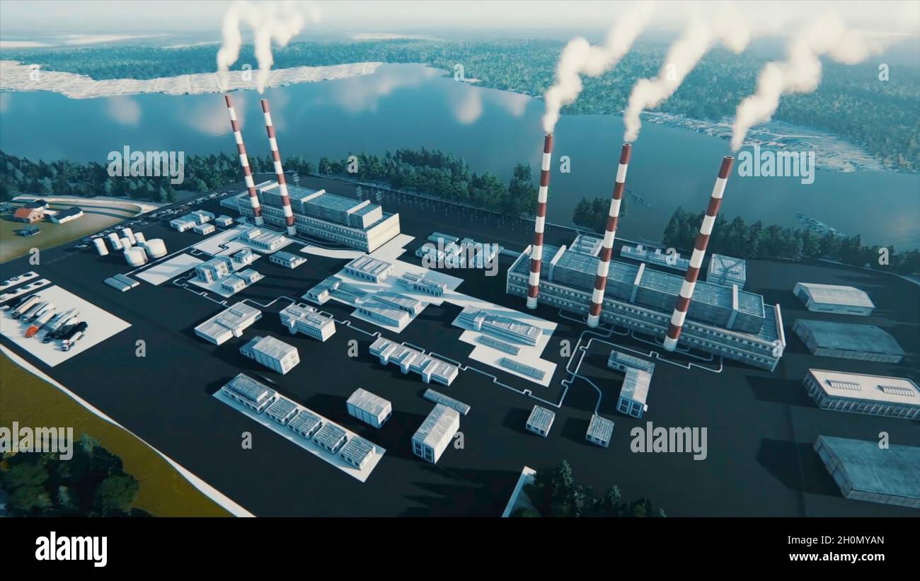 Aerial view of the cartoon factory buildings, river and forest against ...