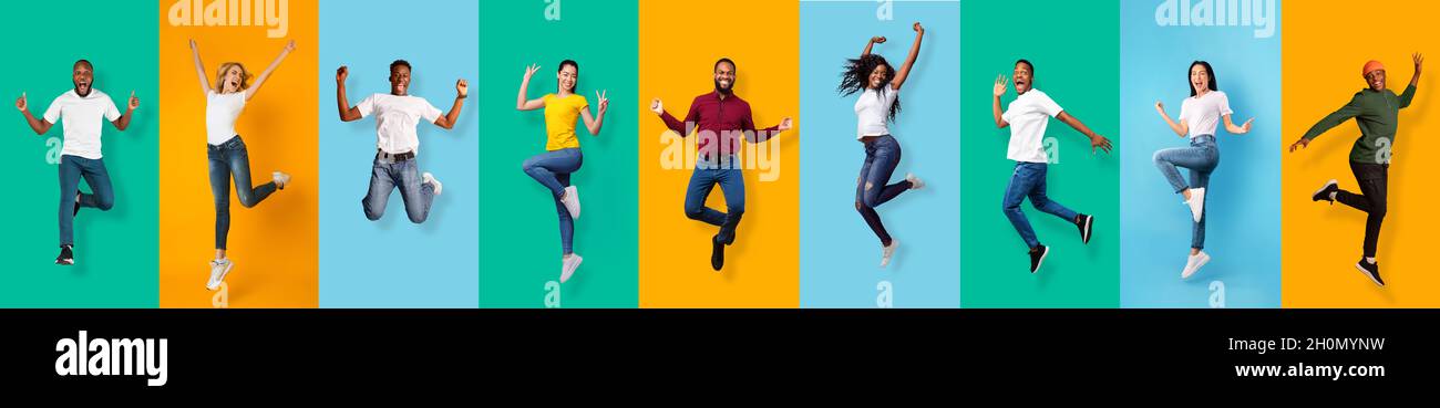 Full length of happy energy international young students jumping from ...