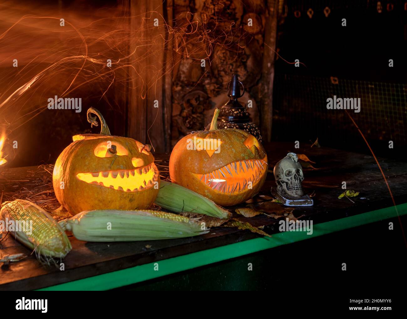 halloween composition with smiling pumpkins and halloween accessories ...