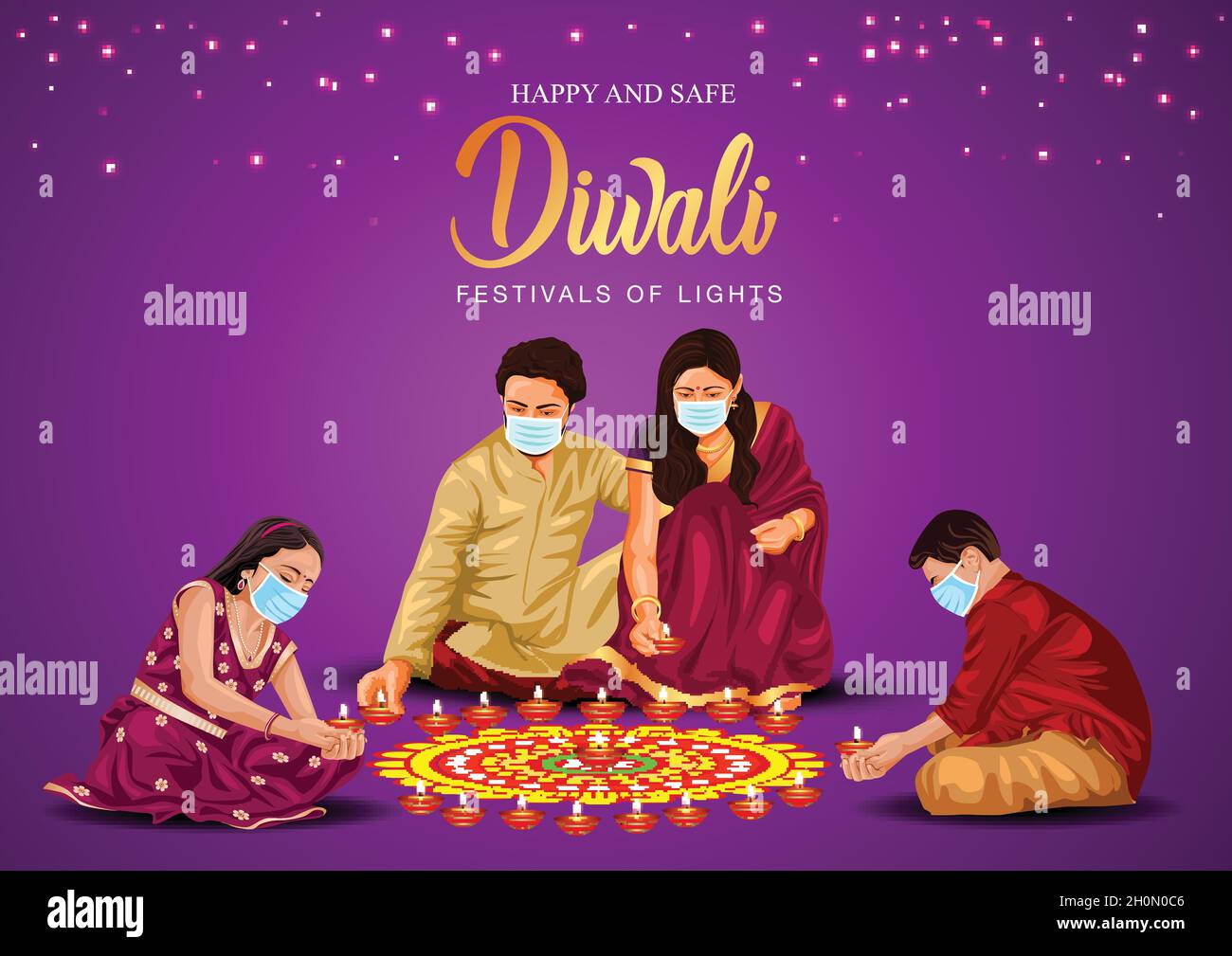 Indian family celebrate Diwali festival background with decorated ...