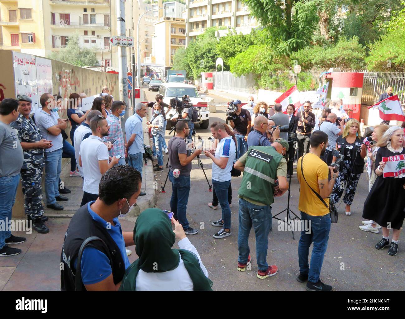 Beirut, Lebanon. 13th Oct, 2021. Supporters of Tarek Bitar, Chief judge ...