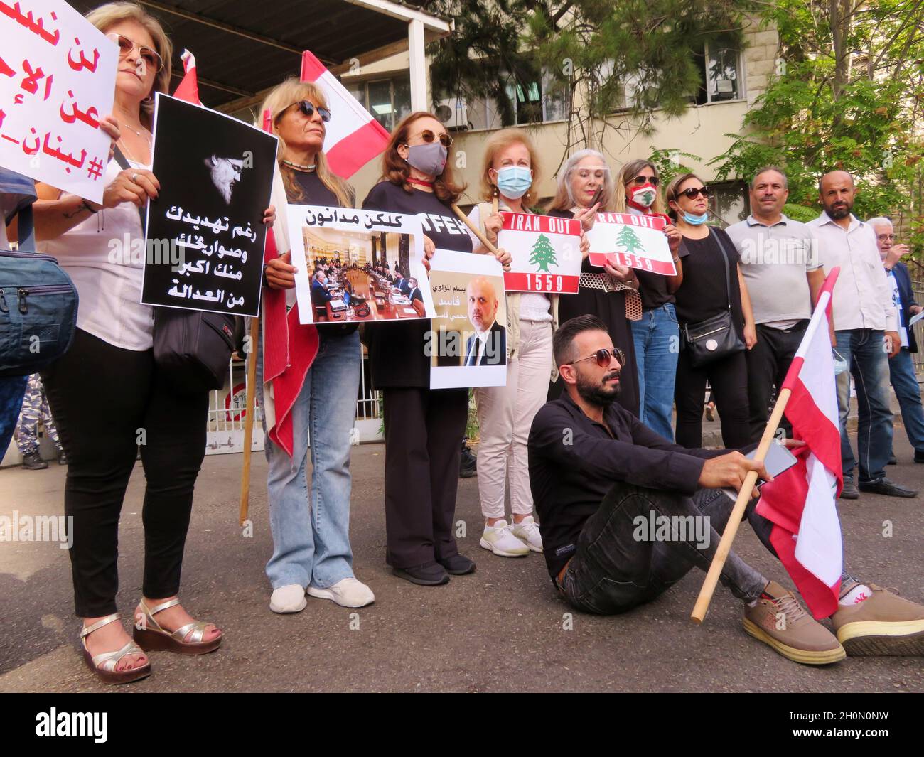 Beirut, Lebanon. 13th Oct, 2021. Supporters of Tarek Bitar, Chief judge ...