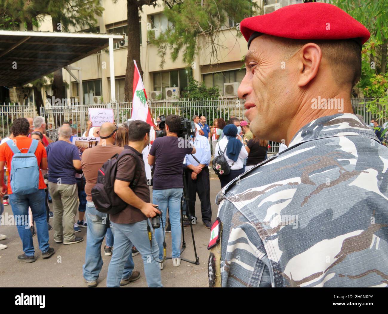 Beirut, Lebanon. 13th Oct, 2021. Supporters of Tarek Bitar, Chief judge ...
