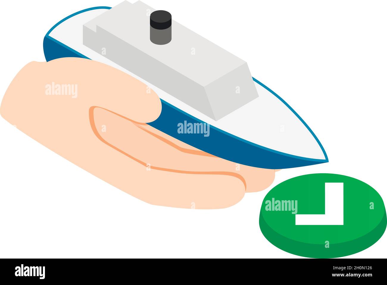 Marine insurance icon isometric vector. Hand holding ship, green ...