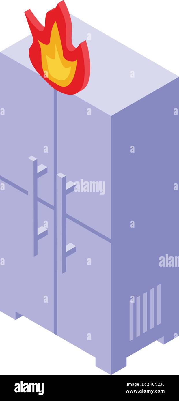 Refrigerator on fire icon isometric vector. Repair fridge. Home ...
