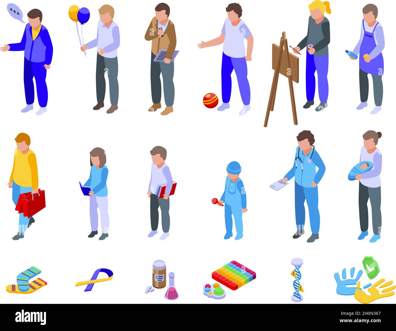 Syndrome down icons set isometric vector. Childcare disability ...