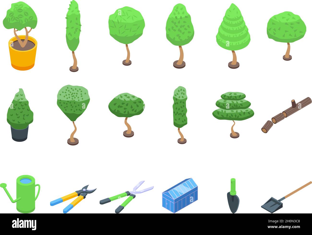 Tree trimming icons set isometric vector. Chainsaw tree. Woodcutter ...